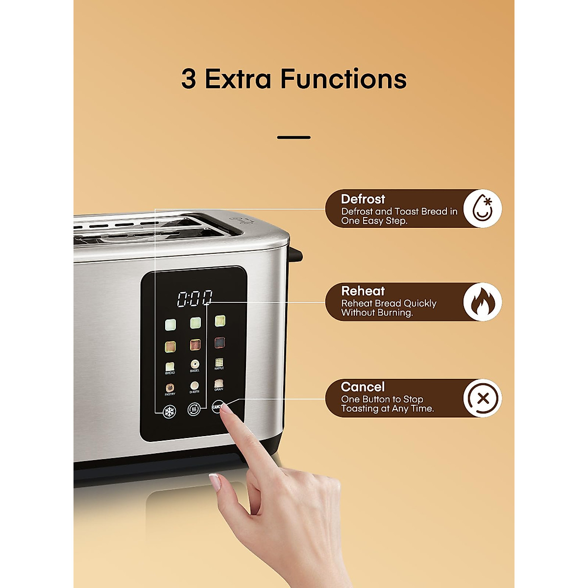 4 Slice Toaster Touch Screen Control, Long Extra Wide Slots Smart Bread Toaster, 6 Bread Types & 6 Shade Settings, Stainless Steel Toaster, with Removable Tray, Cancel/Defrost/Reheat Function, Sliver