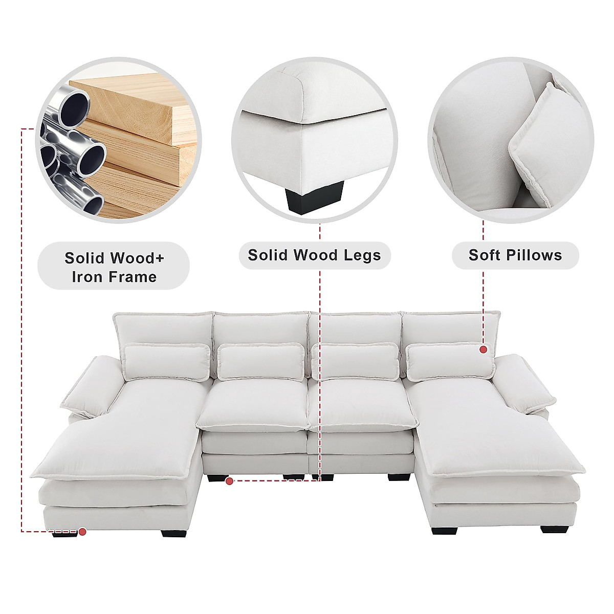 ONEMMLION U Shape Sectional Sofa Cloud Couch for Living Room, 110" Upholstery Comfy Modular Sofa, 4 Seat Chenille Modern Sleeper Sofa with Double Chaise & Memory Foam,White