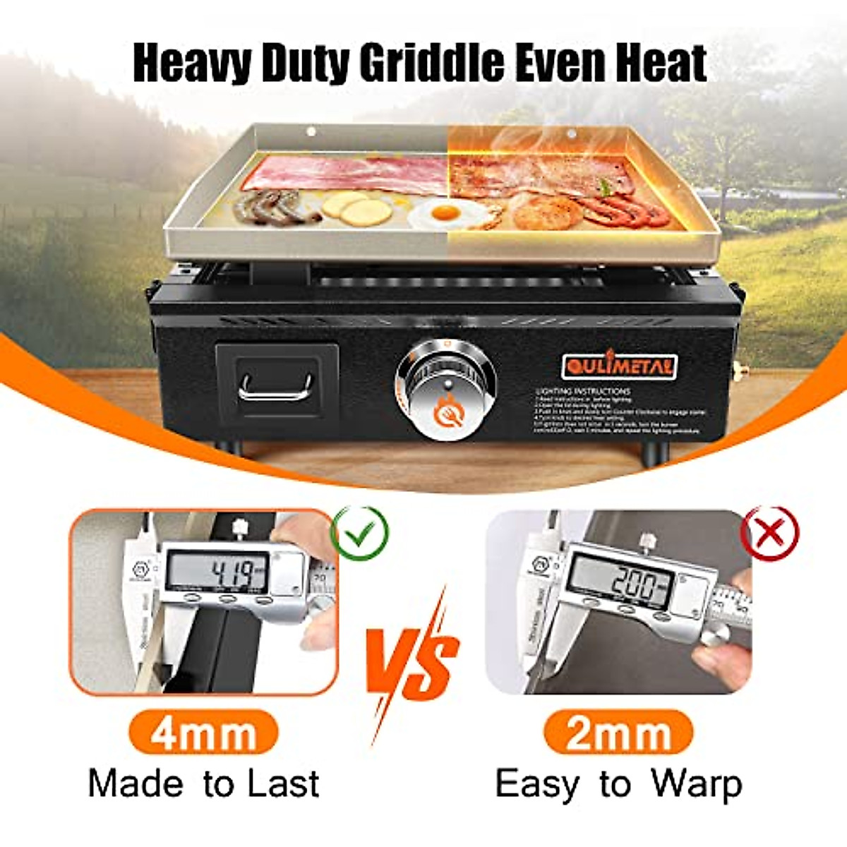 QuliMetal Portable Griddle Flat Top Grill 17 Inch Table Top Griddle Gas Grill Propane Grill with Carry Bag Outdoor Griddle Camping Griddle 15,000 BTU Burner 268 Sq Stainless Steel For Party Tailgating