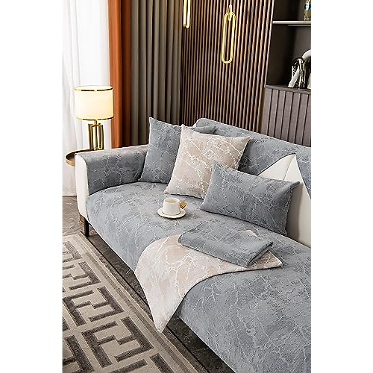 Huierxun Luxury Solid Color Chenille Sofa Cover Marble Pattern Soft Sofa Slipcover Non-Slip Sectional Couch Covers Anti Cat Scratch Armrest Backrest Recliner Cover (Grey,36''x36'')