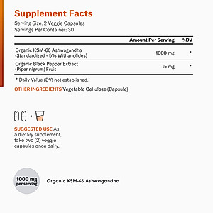 KSM-66 Ashwagandha Root Powder Extract - Stress, Mood, & Athletic Support - 1,000 MG of Clinically Studied KSM66 & Black Pepper for Maximum Absorption - 5% Withanolides - 60 Vegan Capsules