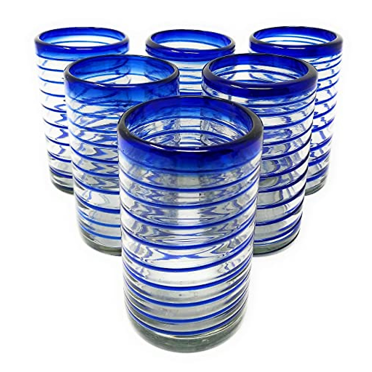 Hand Blown Mexican Drinking Glasses – Set of 6 Glasses with Cobalt Blue Spiral Design (14 oz each)