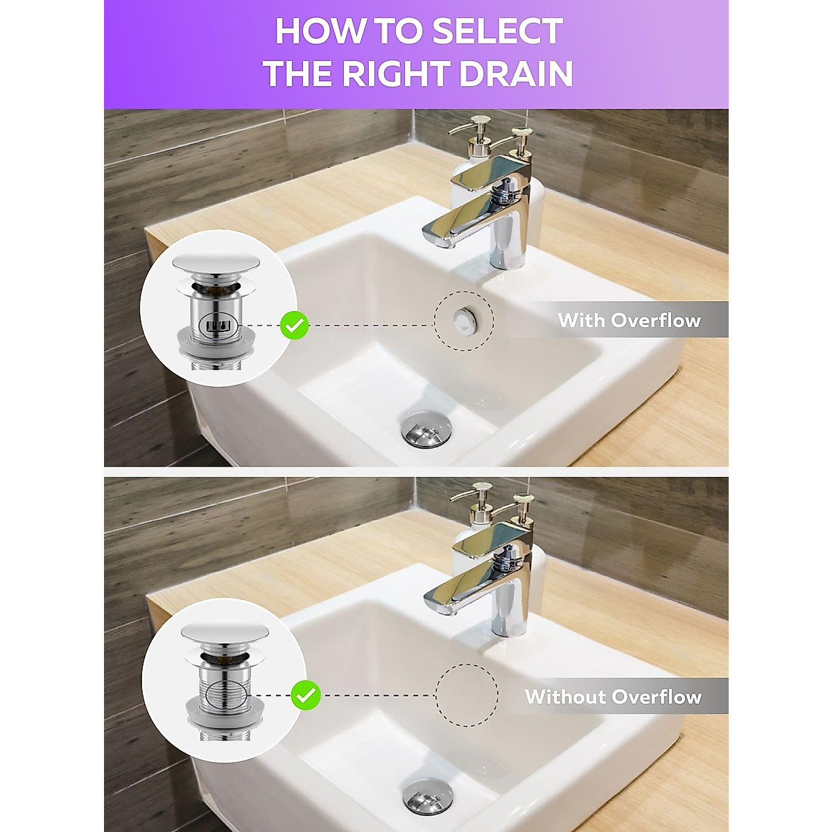 Premium Pop Up Drain with Overflow 1.6"- 1.9" Universal Bathroom Drain Kit - Chrome Bathroom Sink Drain with Overflow All Metal Rustproof Brass and 304 Stainless Steel - Push Button Sink Drain