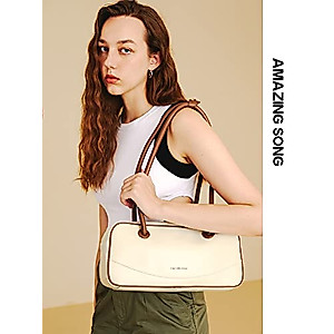 Amazing Song Shoulder Bag for Women, Top Handle Tote Designer Handbag Boston Satchel, Genuine Leather, Smiley Pillow Bag Milk Coffee