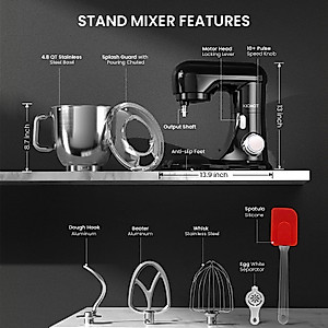Stand Mixer, KICHOT 10+P Speed 4.8 Qt. Household Stand Mixers, Tilt-Head Dough Mxier with Dough Hook, Beater, Wire Whisk & Splash Guard Attachments for Baking, Cake, Cookie, Kneading, SM-1533