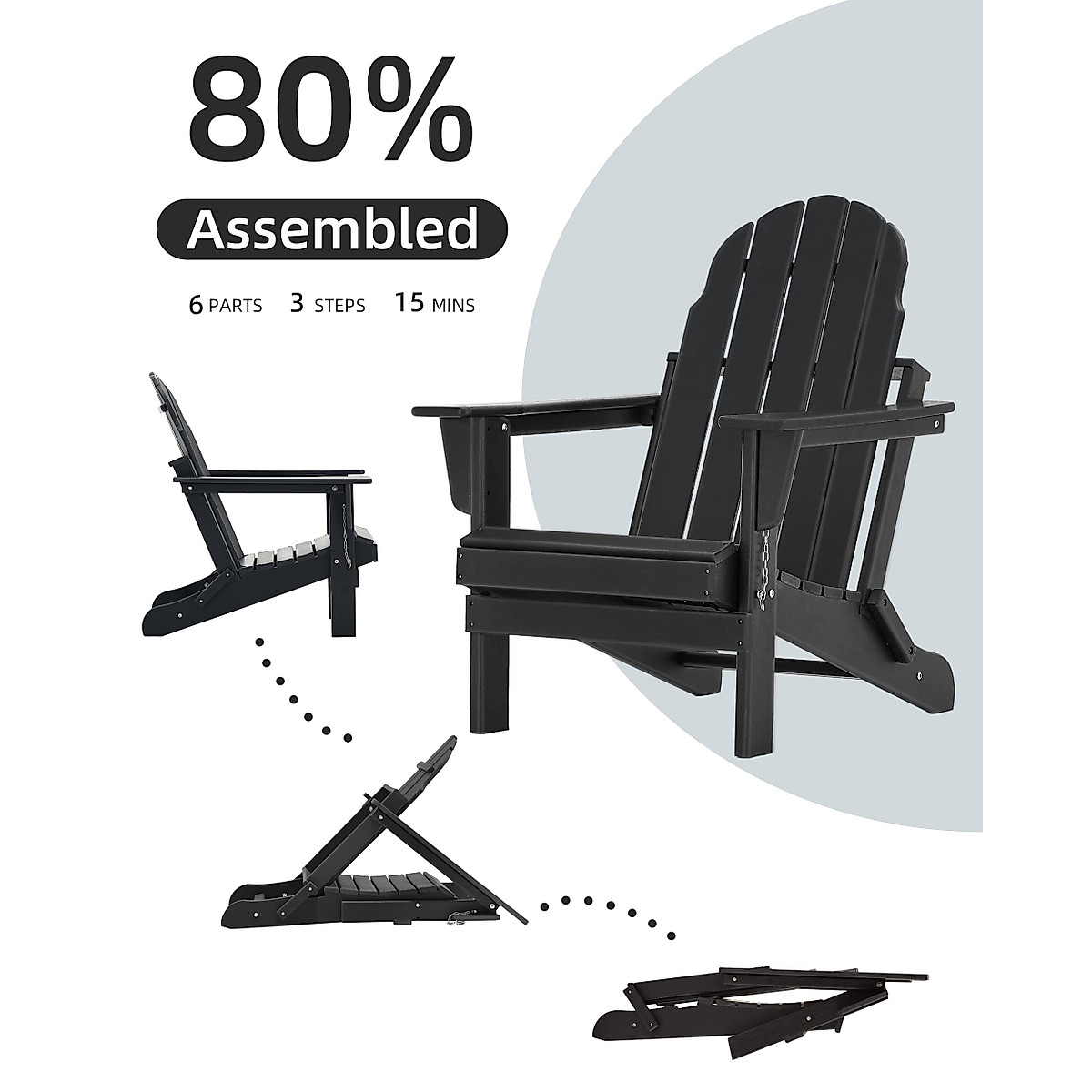 VOQNIS Adirondack Folding Chair, HDPE Outdoor Plastic Patio Chairs for Fire Pits, Gardens, Decks, Seaside Weather Resistant, Waterproof, Easy to Assemble (Black)