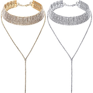 meekoo 2 Pieces Rhinestone Tassel Choker Necklace Multilayer Wide Collar Necklaces Tassel Chain Necklaces for Women Favor