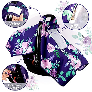 Baby Carseat Seat Cover Girls, Winter Carseat Canopy, Cozy & Warm Cover with Zipper Peep Windows, Infant Minky Carrier Cover, Soft Breathable, Baby Must Have, Purple Stuff