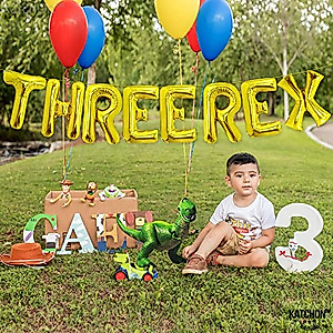 KatchOn, Huge Gold Three Rex Balloons - 16 Inch | Gold Three Rex Birthday Party Decorations | 3 Rex Birthday Decorations Boys | Three Rex Birthday Decorations Boys | Dinosaur Birthday Decorations