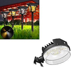 CINOTON 42W LED Barn Light Dusk to Dawn Outdoor Lighting, Black 1 Pack & Outdoor Solar Landscape Pathway Lights Warm & Cold White 4 Pack