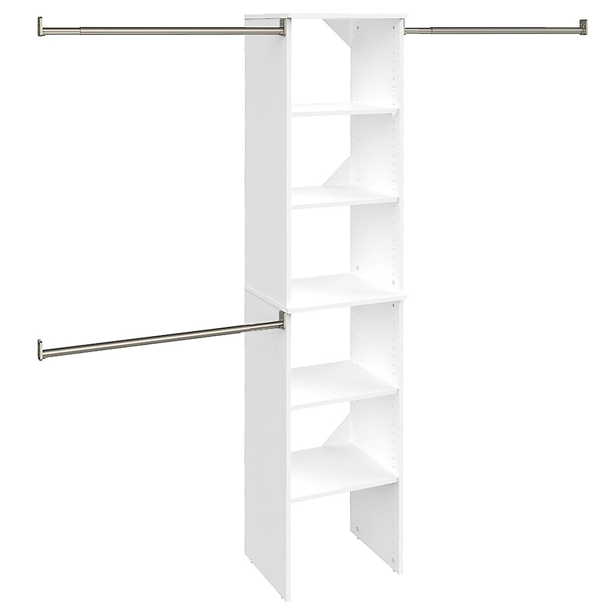 ClosetMaid SuiteSymphony Wood Closet Organizer Starter Kit with Tower and 3 Hang Rods, Shelves, Adjustable, Fits Spaces 4 – 9 ft. Wide, Pure White, 16"