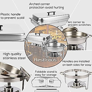 Restlrious Chafing Dish Buffet Set 4 Pack, Stainless Steel 5 QT Round & 8 QT Rectangular Foldable Chafers and Buffet Warmers Set w/ 1 Full Size & 2 Half Food Pan Water Pan, Fuel Can for Catering Event