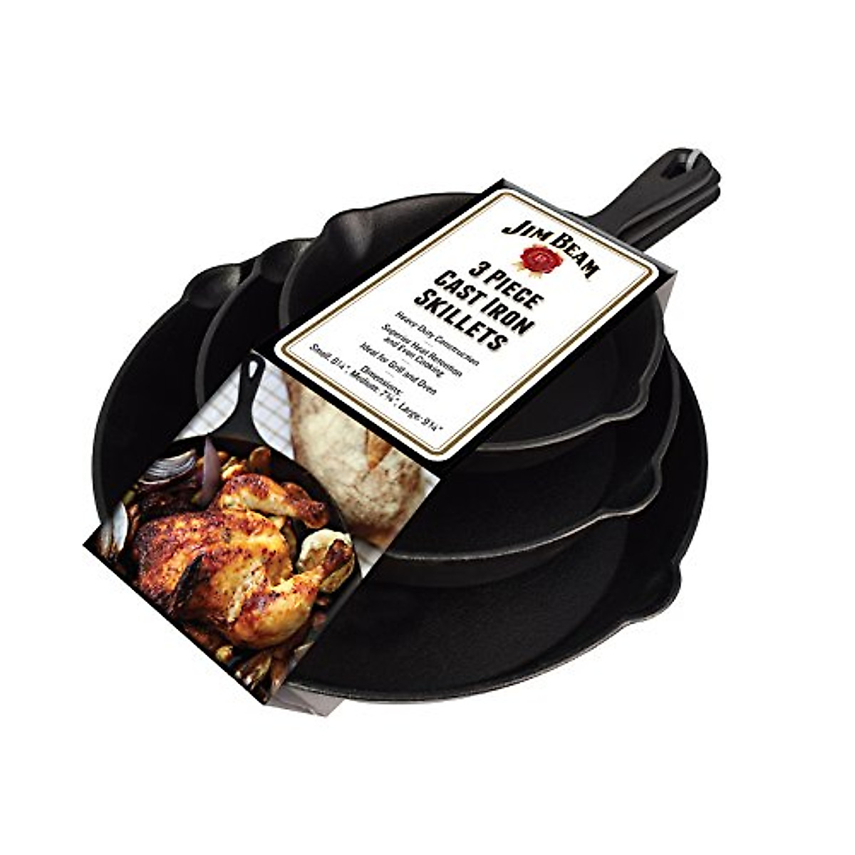 Jim Beam HEA Set of 3 Pre Seasoned Cast Iron Skillets with Even Distribution and Heat Retention-6" 8" 10", 10'', Black