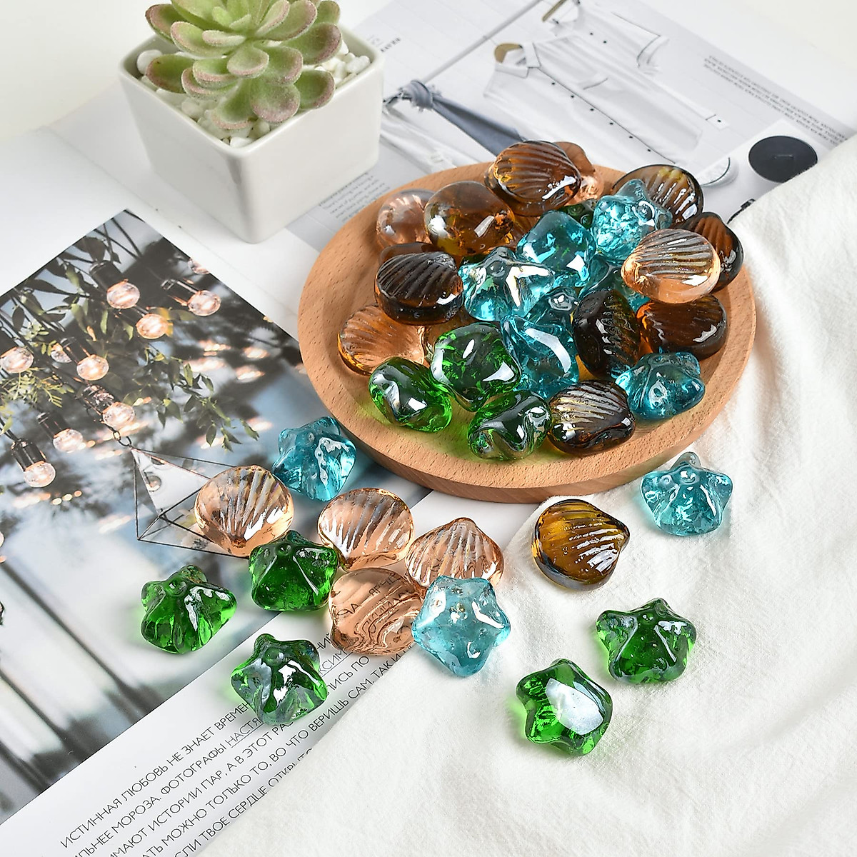 LUEYAO Seashell Starfish Glass Vase Filler Decorative Stars Shells Shape Premium Glass Beads Gems Aquarium Pebbles Decorative Table Scatter Decor 1.3 LB 40 PCS