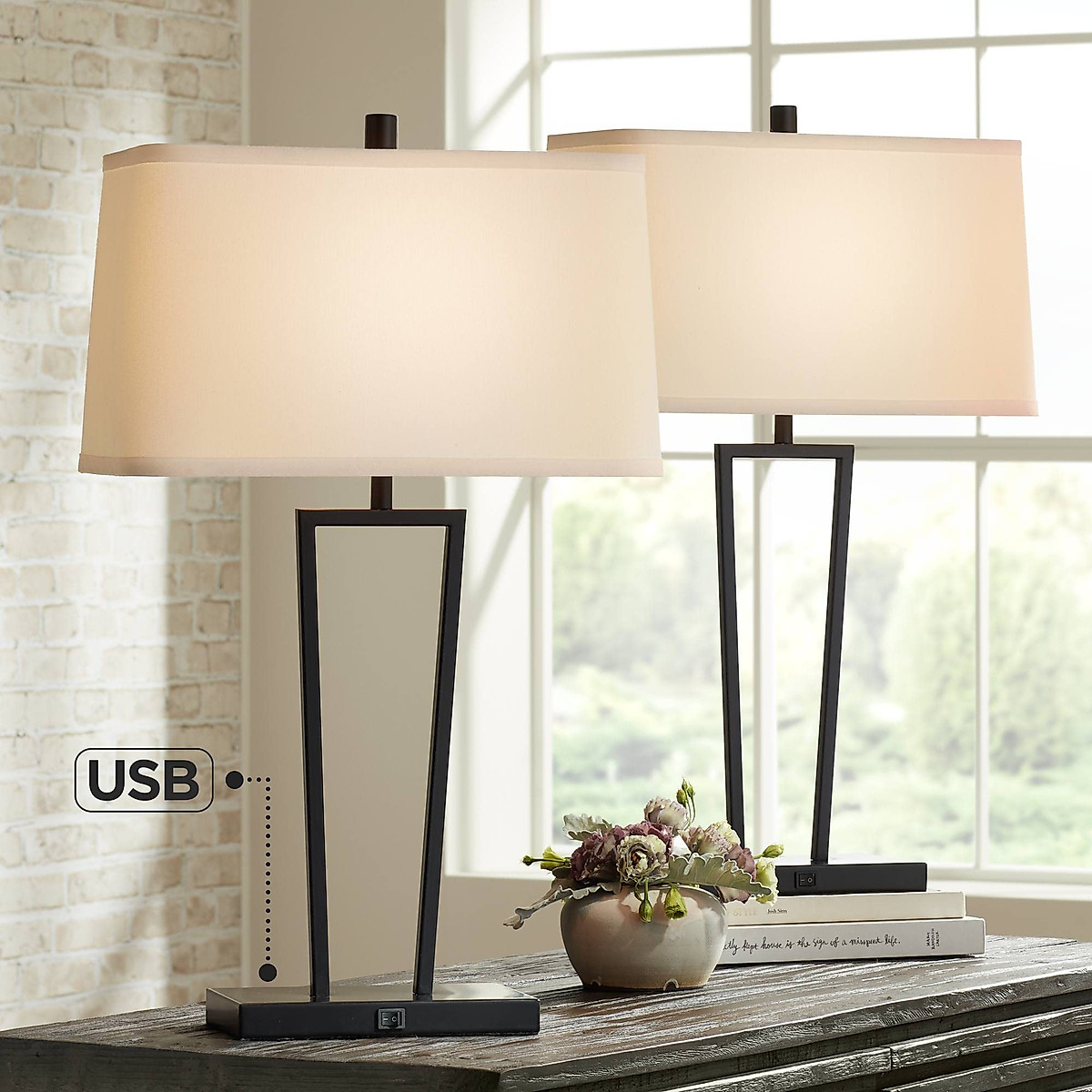 360 Lighting Cole Modern Minimalist Table Lamps 27" Tall Set of 2 with USB Charging Ports Black Metal White Rectangular Shade for Living Room Bedroom House Bedside Nightstand Home Office