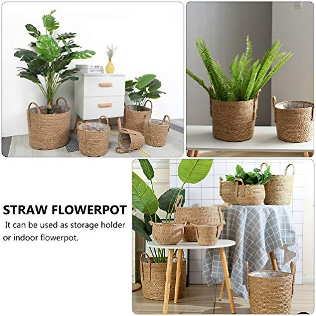 Cabilock Seagrass Plant Basket Hand Woven Belly Basket Bin Straw Beach Bag Panier with Handles for Laundry Picnic Plant Pot Cover Flower Home Toys Decor 25CM Khaki