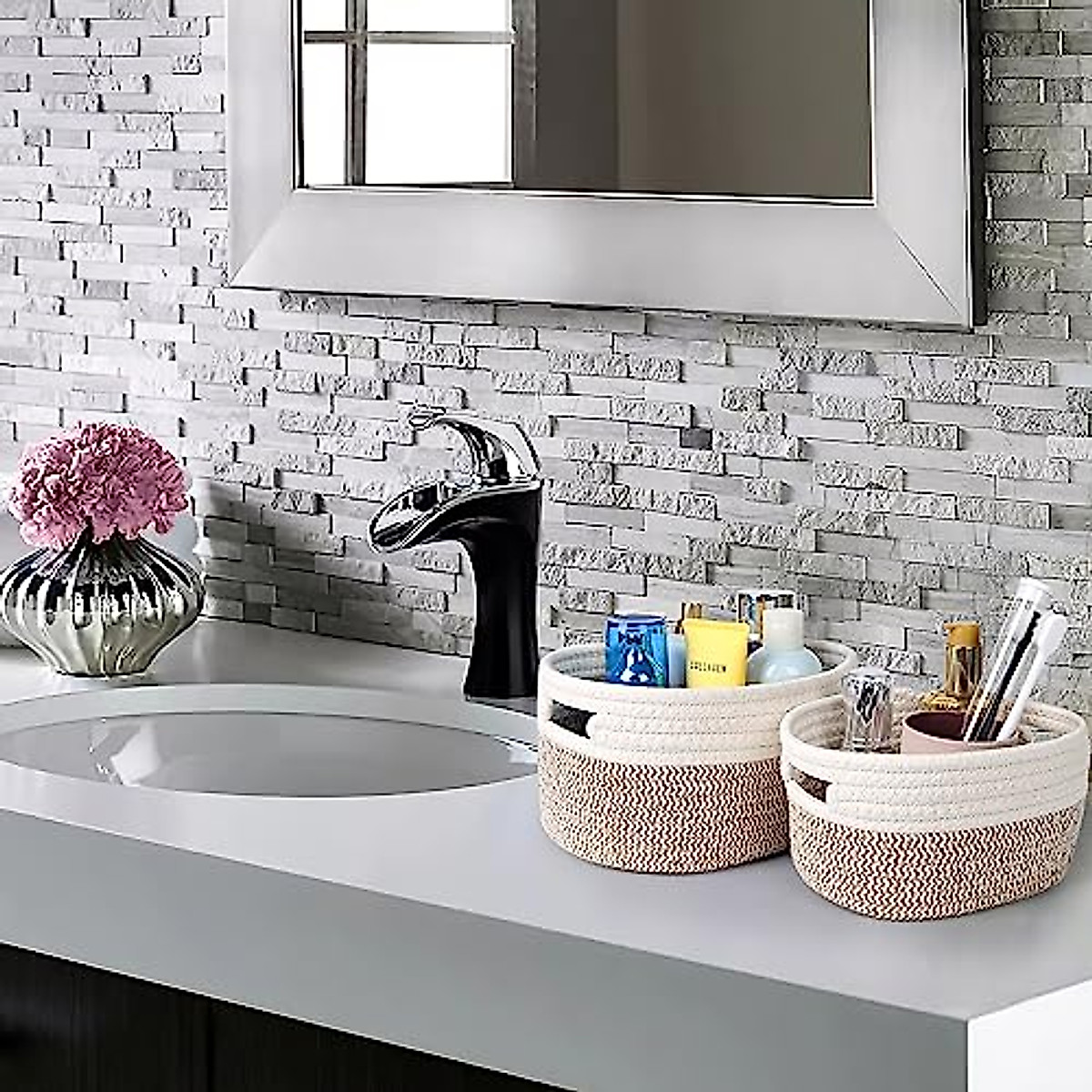 Storage Baskets for Shelves, Set of 3 Storage Baskets with Handles for Living Room, Bathroom Nursery Shelves (Mixed Camel+White)