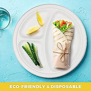 NYHI Heavy Duty Compartment Plates | 10 Inch Disposable 3 Compartment Divided Plates For Adults & Kids | White Eco Friendly Sugarcane Paper Plates Are Cut & Leak Resistant | 125 Pack (3 Compartment)