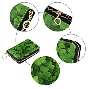 St Patrick's Day Green Seamless Shamrock Clover Lucky Four Leaves Grey Credit Card Coin wallet, RFID Blocking Compact Women Leather Card Holder, Key Change Organizer, Zipper Purse Clutch Pouch