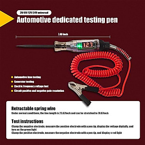 Slykew Pack-1 Automotive Test Light Digital LED Circuit Tester with 70.8 Inches Retractable Spring Wire, DC 3V/6V/12V/24V Inductive Test Pen, Suitable Checking Vehicle Car Truck Motorcycle