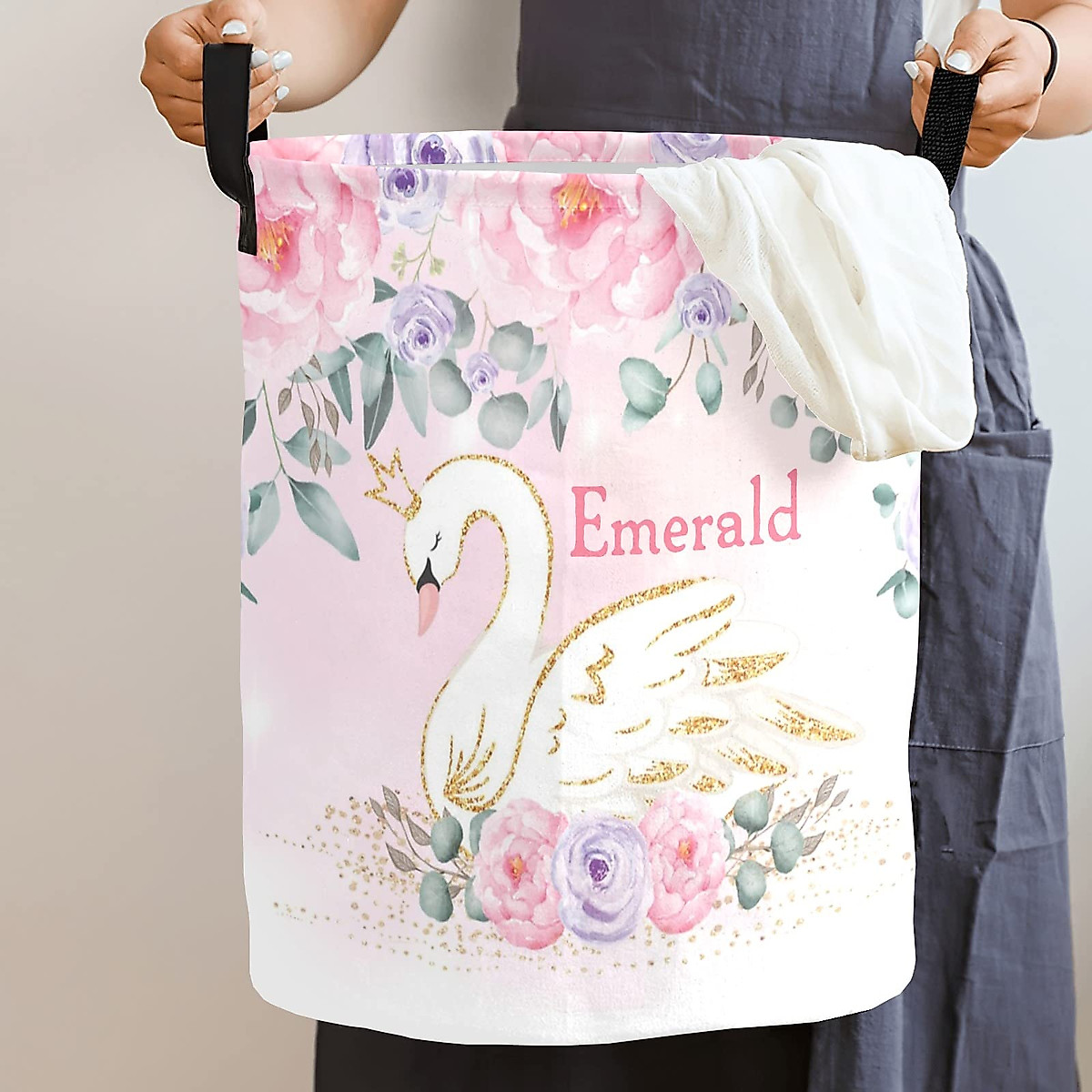 Custom Watercolor Floral Swan Pink Laundry Basket Handles Collapsible Hamper Foldable Storage Bin Living Room Office Bathroom Bedroom