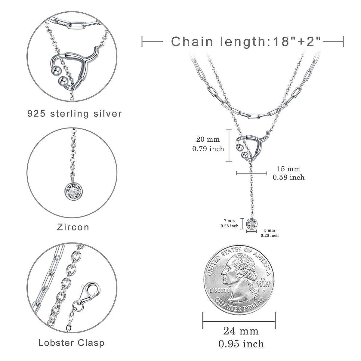 Nurse Stethoscope Necklace for Women 925 Sterling Silver Choker Necklaces Double Layered Doctor Stethoscope Pendant Doctor Nurse Medical Student Graduation Jewelry Gift