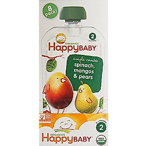 Happy Baby Organic Stage 2 Baby Food Simple Combos Pear Mango Spinach, 4 Ounce Pouch (Pack of 8) Resealable Baby Food Pouches, Fruit & Veggie Puree, Organic Non-GMO Gluten Free Kosher