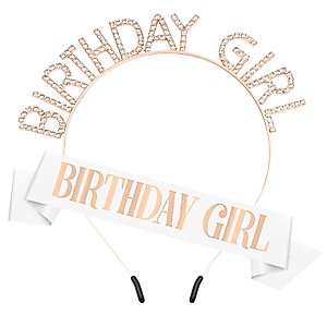 Rose Gold and White Sash with Rhinestone Tiara and Headband - Birthday Accessories for Women