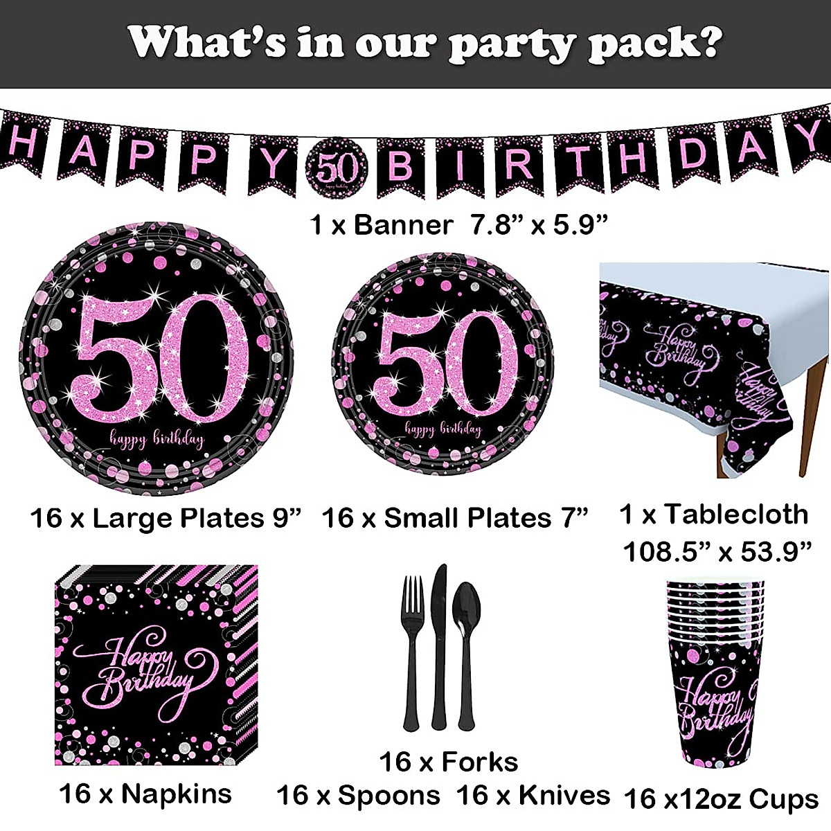 50th Birthday Pink Gold Party Supplies, Disposable Tableware for 16 Guest, Include 7” Paper Plates,9” Plates, Banner, 12 oz Cups, Napkins, Tablecloth, Cutlery…