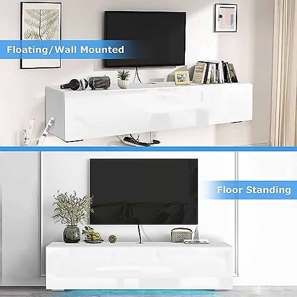 HOMMPA Floating TV Stand with Led Light for 63 Inch TVs Wall Mounted Led Entertainment Center with High Gloss Storage Modern Floor White Mounted Media Console for Living Room