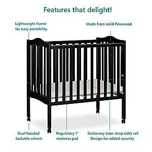 Dream On Me 2-in-1 Lightweight Folding Portable Stationary Side Crib in Black, Greenguard Gold Certified 40x26x38 Inch (Pack of 1)