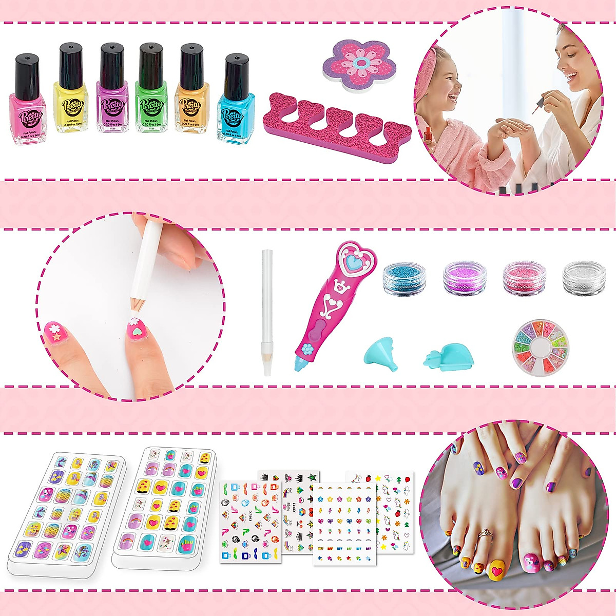 BATTOP Kids Nail Polish Set for Girls, Nail Art Kits with Nail Dryer & Glitter Pen, Quick Dry & Peel Off & Non-Toxic Nail Polish Birthday Gifts for Girls Ages 6 7 8 9 10 11 12
