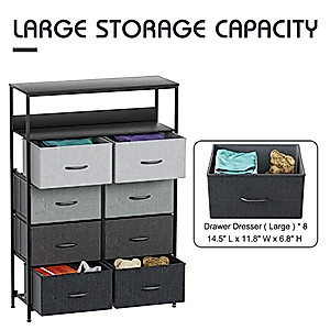 LLappuil 8 Drawer Dresser with Shelf, Fabric Dressers Chests of Drawers, Tall Dresser Clothes Storage Drawers Dresser for Bedroom Closet Nursery, Grey