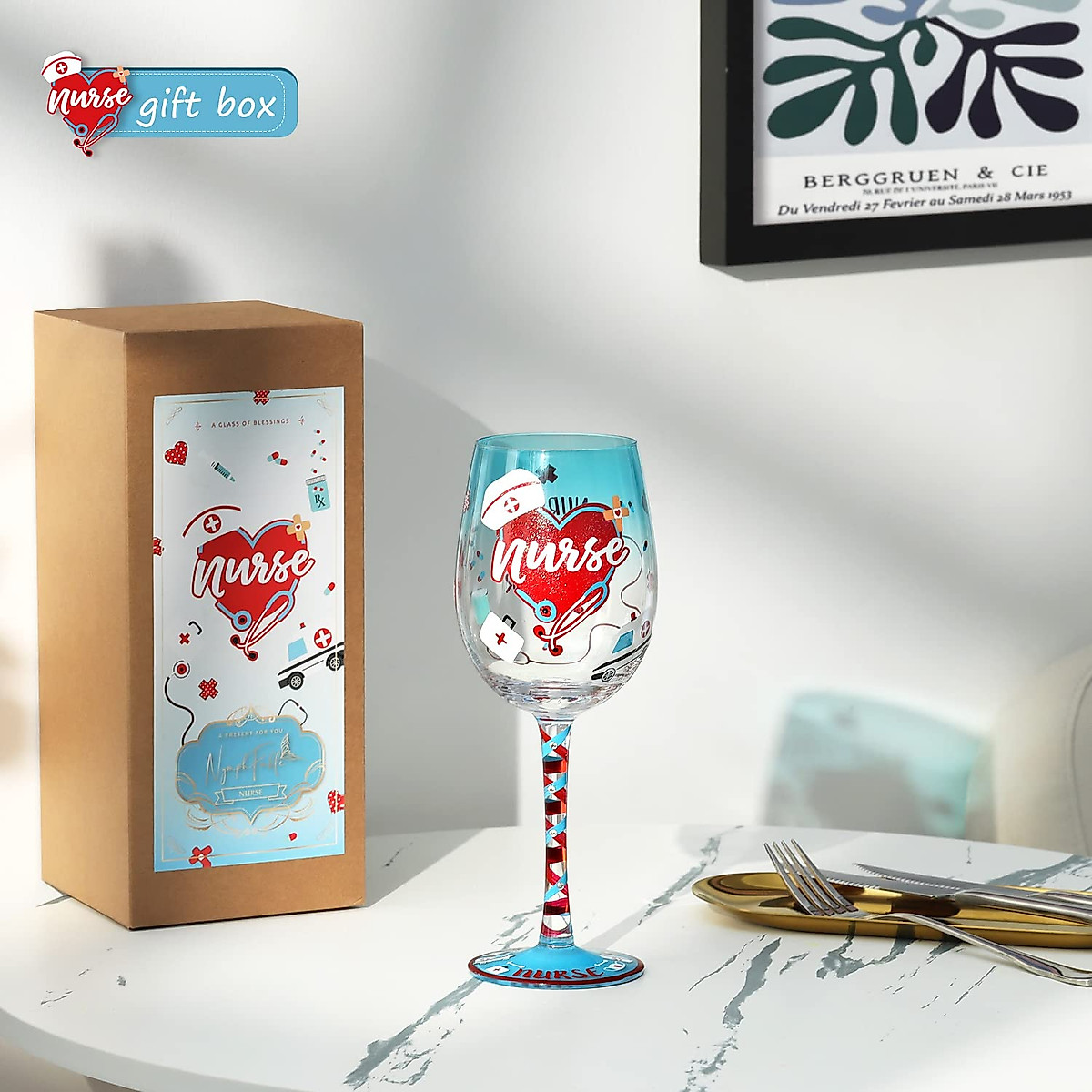 NymphFable Nurse Gifts Hand painted Wine Glass Artisan Painted Glass 15oz for Nurse Nursing Student Gifts for Her