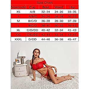 Avidlove Womens Lingerie Self Tie Ruffle Trim Dobby Teddy Mesh Lingerie Set Sexy Bra and Panty Set Red M