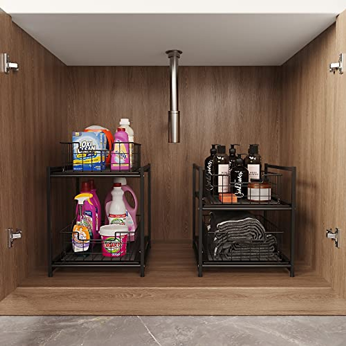 Under Sink Organizer,Stackable Bathroom Cabinet Organizer and Storage,2 Tier Slide Out Cabinet Storage Shelves,Multi-Use Under Kitchen Sink Organizers and Storage With Basket Positioning(Black)