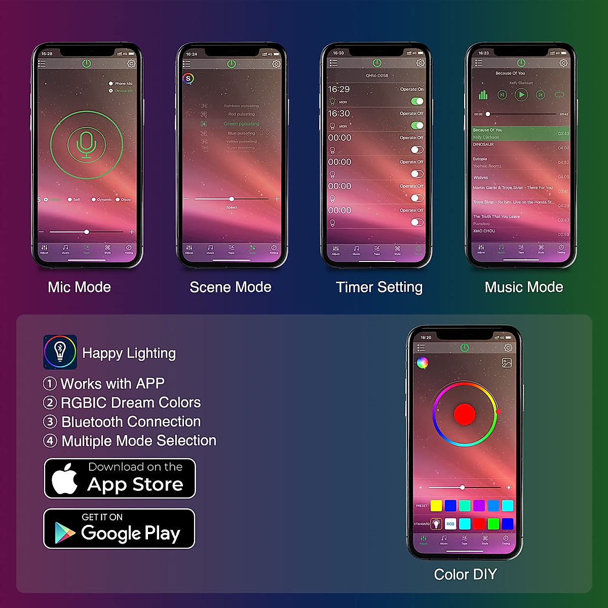 Nilight RGBIC 72 LED USB Interior Strip Lights DC 12V with App RF Remote Control Multicolor Under Car Dash Lighting 2 Lines Design Music Sync Mode for Cars Truck ATV UTV, 2 Years Warranty