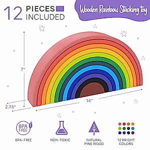 Wooden Rainbow Stacking Toy - Montessori Toys for 3+ Year Old - Rainbow Stacker Grimms Extra Large for Kids 2 3 4 5 Boys and Girls - 12 Pieces