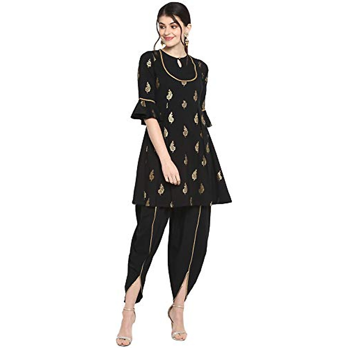 Janasya Indian Women's Black Poly Crepe Kurti with Dhoti Pant(SET182-KR-DH)