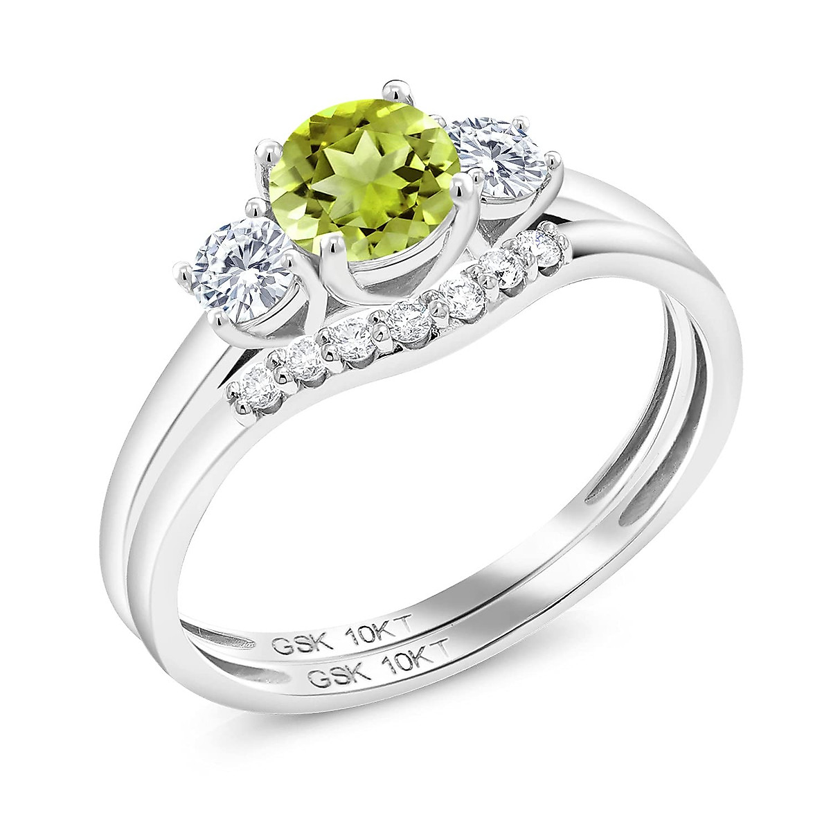 Gem Stone King 10K White Gold Green Peridot and White Lab Grown Diamond 3-Stone Bridal Engagement Wedding Ring Set For Women (0.79 Cttw, Gemstone August Birthstone, Round 5MM, Size 6)