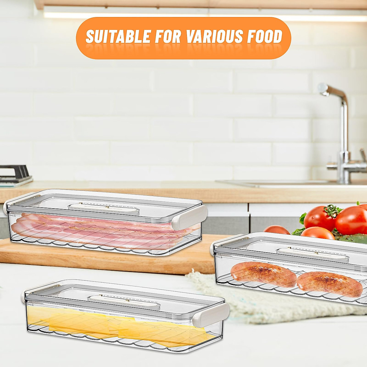 Bacon Container for Refrigerator, Airtight Thick Plastic Deli Meat Storage Containers for Fridge, Cheese Container for Fridge with Serving Tongs, Lunch Meat Container with Lids, Kitchen Food Storage