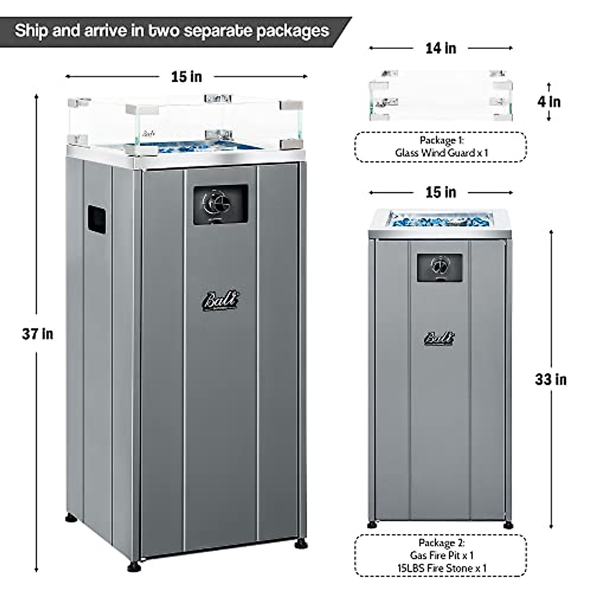 BALI OUTDOORS 15 inch Gas Fire Pit, Outside Propane Firebowl with Glass Wind Guard, Patio Square Fireplace with Fire Glass Stone for Backyard, Garden and Terrace