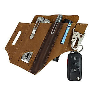 Atqana Multitool Sheath for Belt - EDC Pocket Organizer | Leatherman Holster | Leather Multitool Pouch with Pen Holder, Flashlight Sheath and Key Fob Clip | Handmade Leather EDC Organizer (Brown)