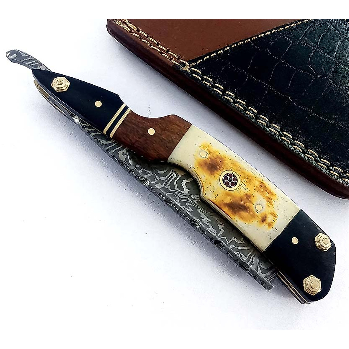 Damascus Steel Straight edge Razor Barber Salon Shaving wet shave real leather sheath for men SM151