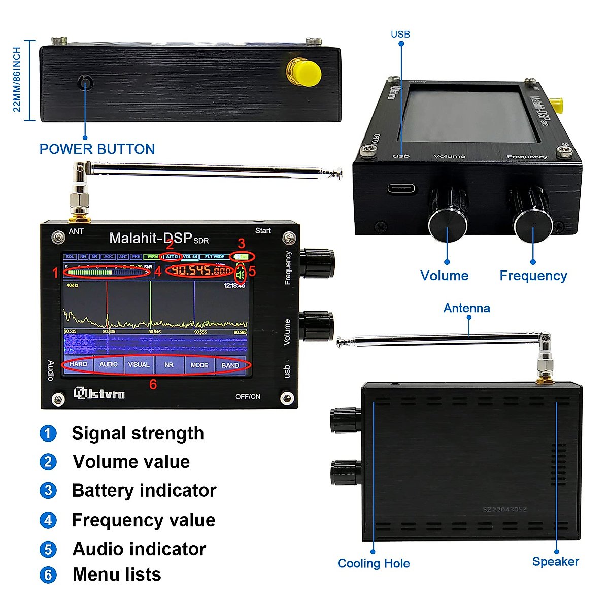 1.10d 3.5" 50KHz-2GHz DSP SDR Receiver Malahit DSP SDR Receiver, Upgrade Version Malahit SDR Shortwave Radio Receiver Malachite DSP SDR Receiver, 3600mAh Battery, Aluminum Alloy with Cooling Hole