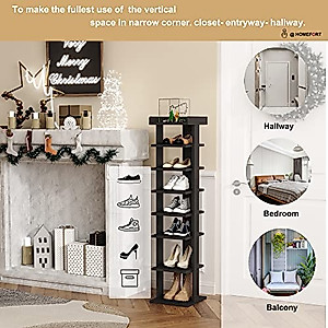 HOMEFORT 7-Tier Wood Shoe Rack, Entryway Shoe Tower,Vertical Shoe Organizer, Wooden Shoe Storage Stand(Black)