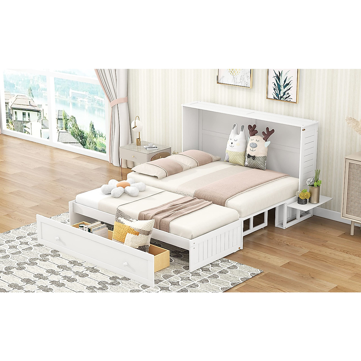 SmartEdge Queen Size Mobile Murphy Bed with Drawer, Little Shelves on Each Side, Wood Queen Size Bed Frame, Space-Saving Folding Bed, No Box Spring Needed, White