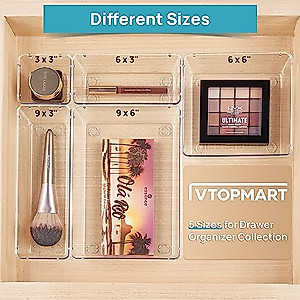 Vtopmart 44 PCS Clear Plastic Drawer Organizers Set, 4-Size Versatile Bathroom and Vanity Drawer Organizer Trays, Non-Slip Storage Containers for Makeup, Jewelries, Bedroom，Kitchen Utensils and Office