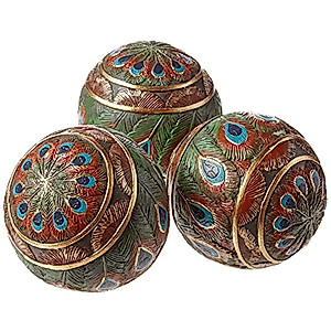 Design Toscano Peacock Feathered Orbs Decorative Accent Balls, 3 Inch, Set of Three, Full Color, 3 Count