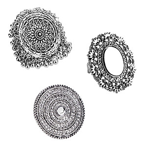 Yellow Chimes Designer Artistic Crafted Indian Bollywood Style Mirror Worked Oxidized Silver Combo of 3 Traditional Party Ware Adjustable Rings Indian Traditional Jewelry for Women from